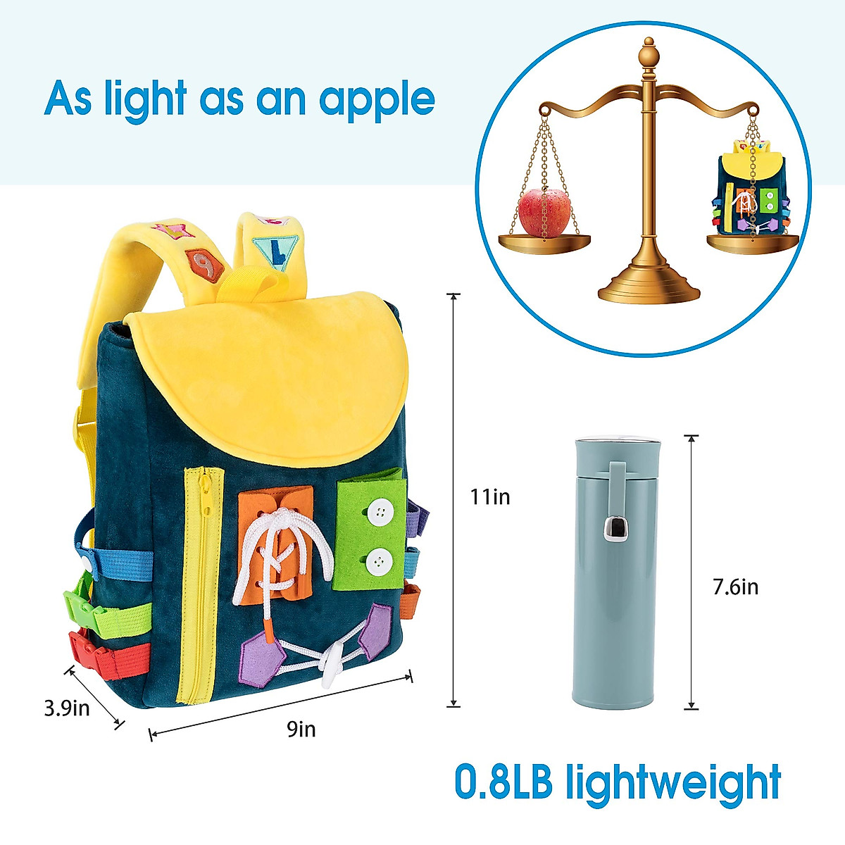 Busy Board - Toddler Backpack with Buckles and Learning Activity Toys - Develop Fine Motor Skills and Basic Life Skills - Learn to Tie Shoes - Children's Travel Toy