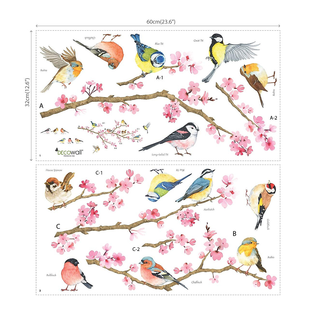 DECOWALL DWL-1904 Cherry Blossom Garden Birds Kids Wall Stickers Wall Decals Peel and Stick Removable Wall Stickers for Kids Nursery Bedroom Living Room d?cor