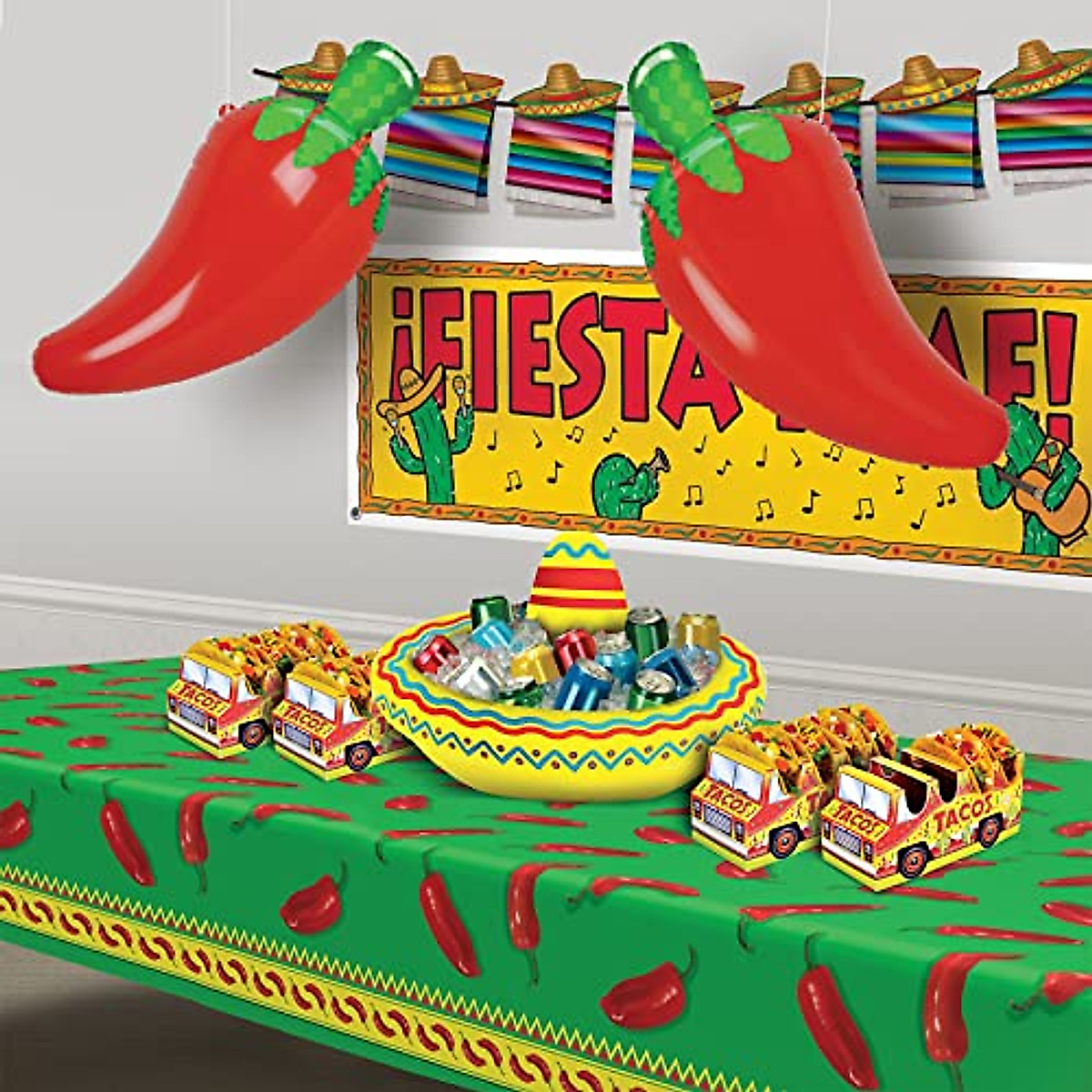 Beistle Plastic Chili Pepper Tablecover For Rectangle Tables, Cinco De Mayo Table Cloth Fiesta Party Supplies, Green/Red/Yellow