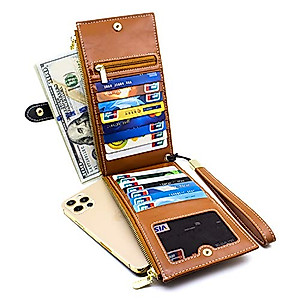 ANDOILT Wallets for Women Genuine Leather Wallet RFID Blocking Bifold Multi Card Case Purse with Zipper Pocket Cell Phone Handbag Brown