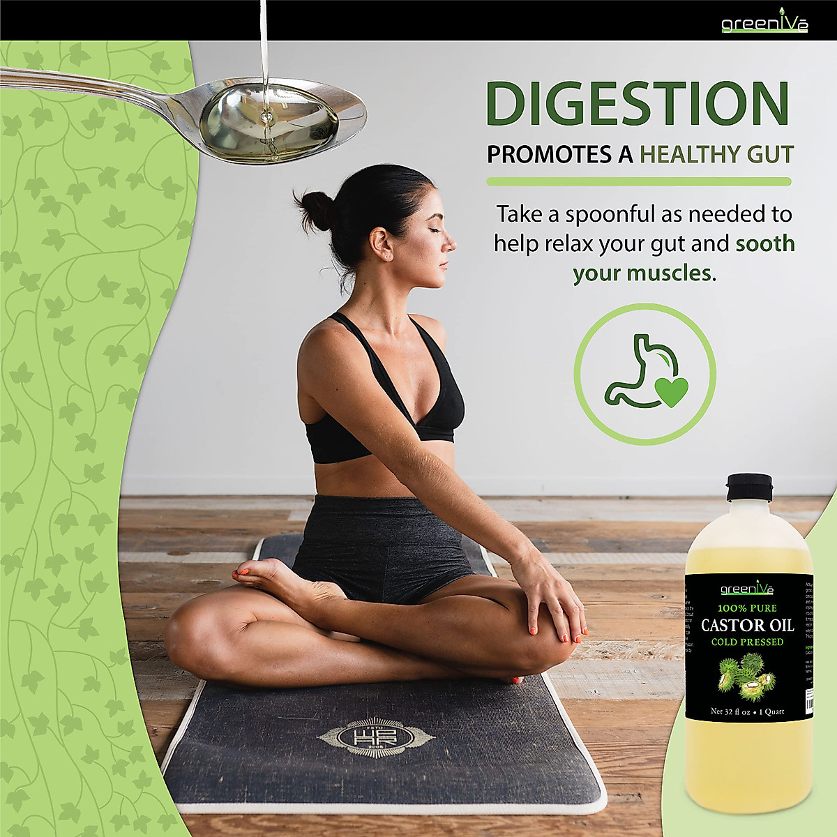 GreenIVe Castor Oil Organically Grown 100% Pure 32oz Bottle Cold Pressed, Hexane Free, Eyelash and Eyebrow Growth Serum, Skin Moisturizer Detox and Wraps