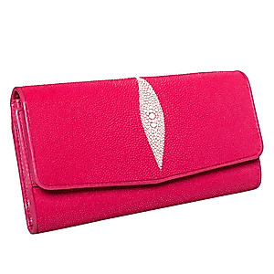 Genuine Stingray Skin Exotic Leather Zip Clutch Purse Long Snap Wallet Organizer (Hot Pink)