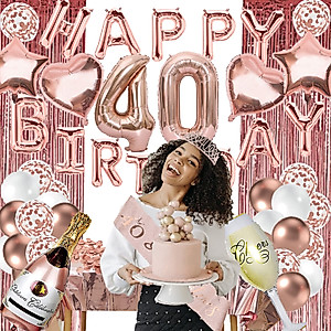 40th Birthday Decorations Women - Rose Gold 40 Birthday Decor for Her, Happy Birthday Banner, Table Cloth, Cake Topper, Bday Sash and Crown, Balloons Set for Forty Years Old Party Supplies