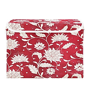 DIGTIA Chinese Traditional Flowers Storage Bins with Lids Red Background Foldable Storage Basket with Handles Collapsible Large Fabric Organizer Containers for Clothes Shelves Closet Office Home Bedro