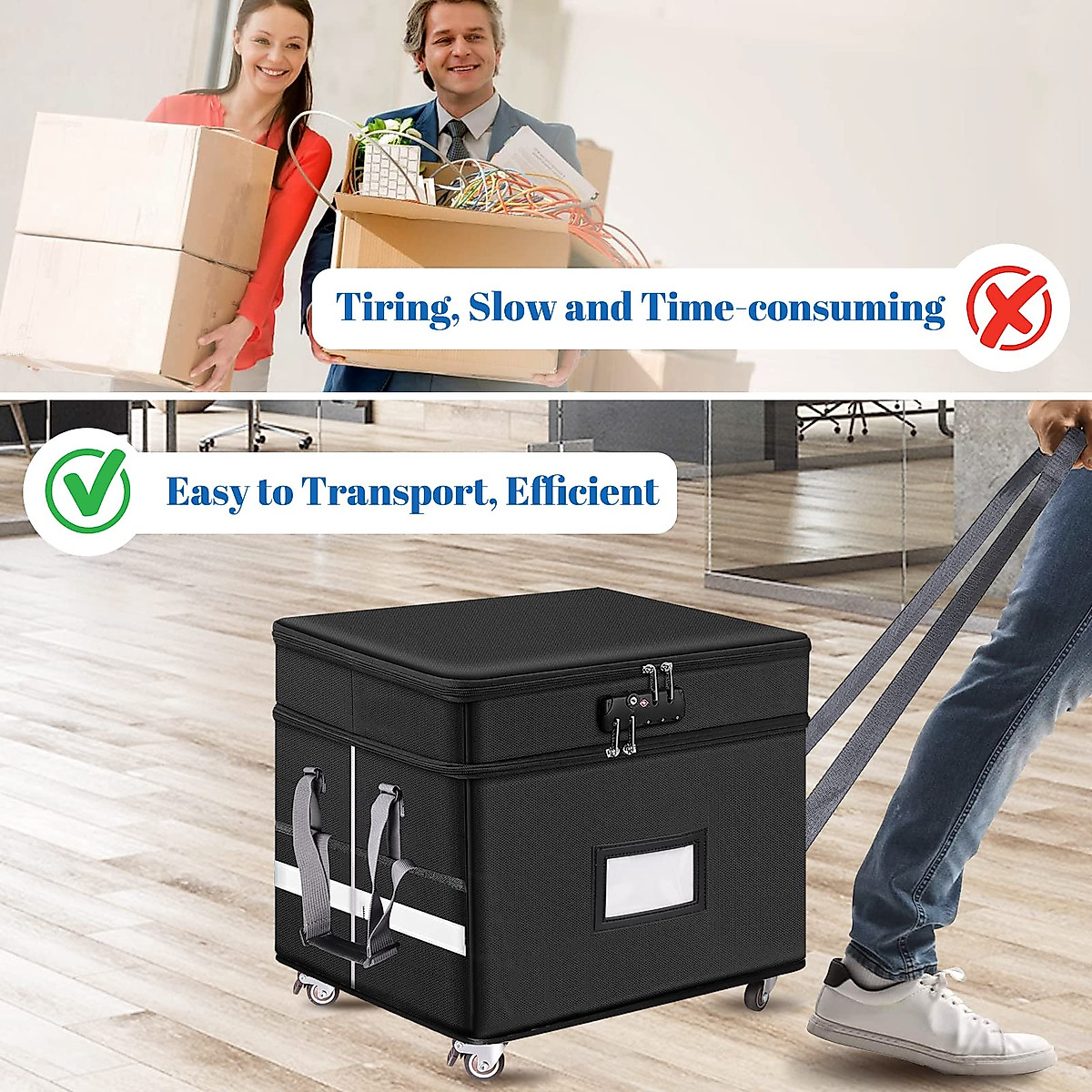 Fireproof Document Box with Lock, 2 Layer File Organizer Box with Wheels, Collapsible Safe File Box Document Organizer for Home Office,Rolling File Cabinet for Hanging Letter/Legal Folder