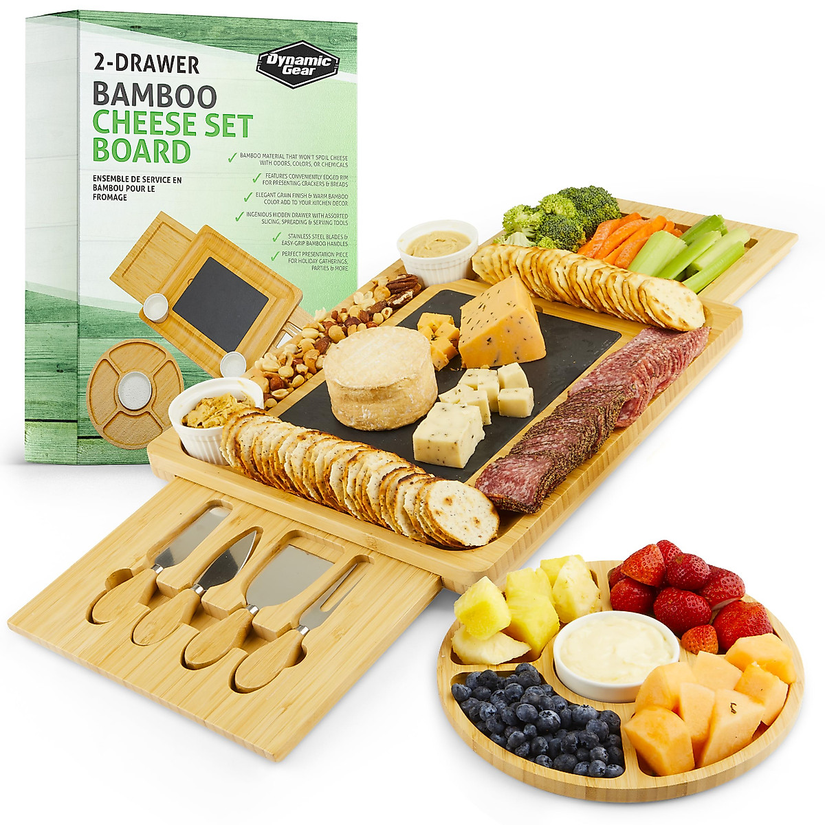 Charcuterie Board Gift Set, Expandable Bamboo Cheese Board with Stainless Steel Serving Utensils, Ceramic Bowls, Appetizer and Serving Trays, Utensil Trays - Housewarming 2 Drawers