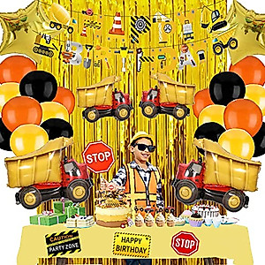 Construction Theme Birthday Party Decorations Kit Dumb Truck Excavator Crane Banner Foil Curtain Tablecloth Balloons for Boys 1st 2nd 3rd 4th 5th Birthday Party, Baby Shower Supplies.