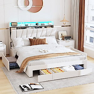 Fameill Full Size Bed Frame with Storage Headboard and 3 Drawers,Upholstered Platform Bed with Charging Station,Full Bed Frame with LED Lights,No Box Spring,Beige