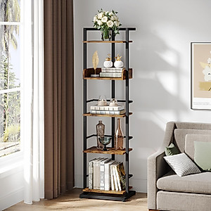 Hosfais Book Shelf Narrow Bookshelf: 5 Tier Wood Bookcase with Metal Edge Protection Industrial Modern Bookshelf Book Storage Organizer for Living Room Bedroom Home Office (Rustic Brown)