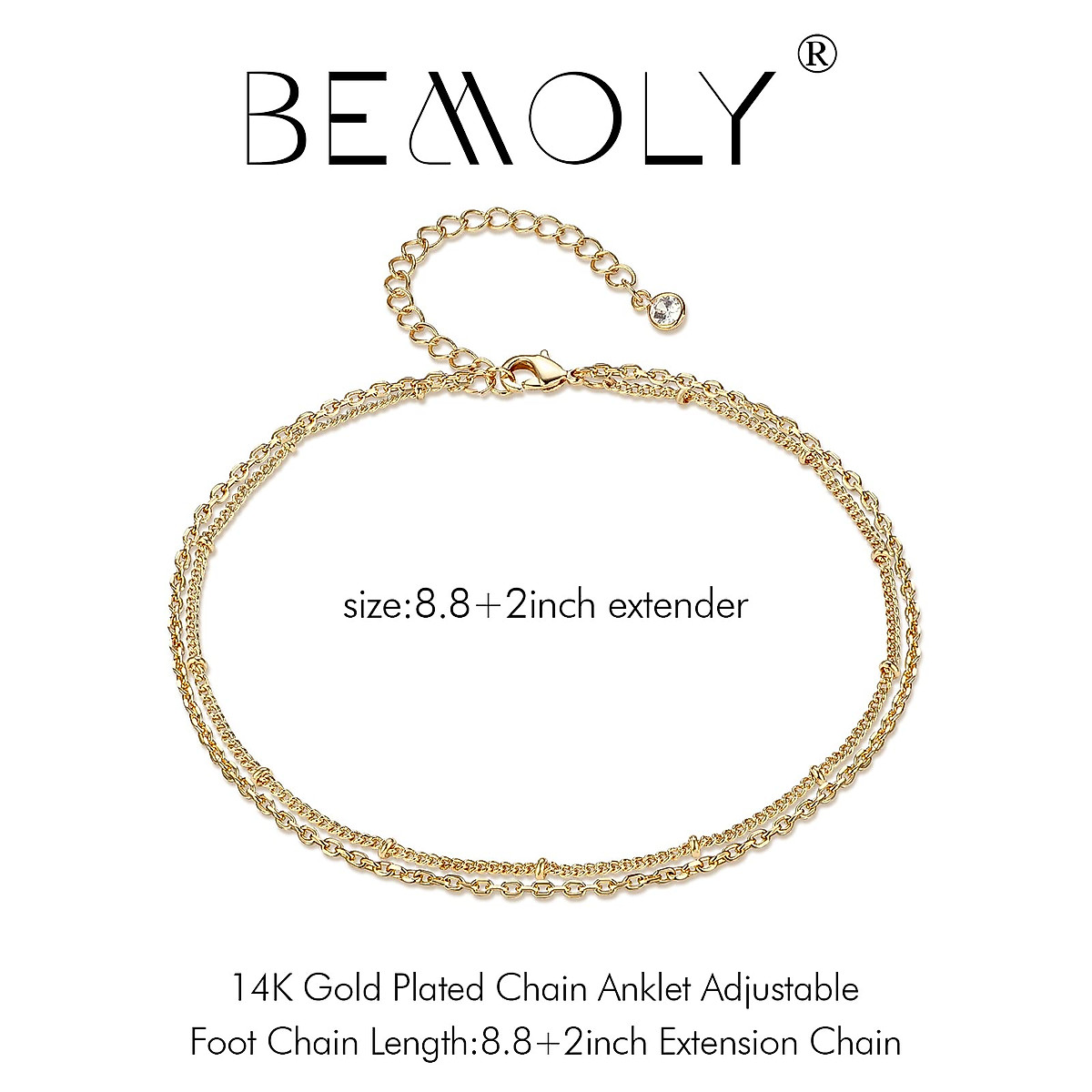 Bemoly Women Dainty Anklet,14K Gold Plated Satellite Anklet Double Layered Cute Beads Chain Tassel Coin Disc Heart Summer Ankle Bracelet Boho Beach Foot Chain
