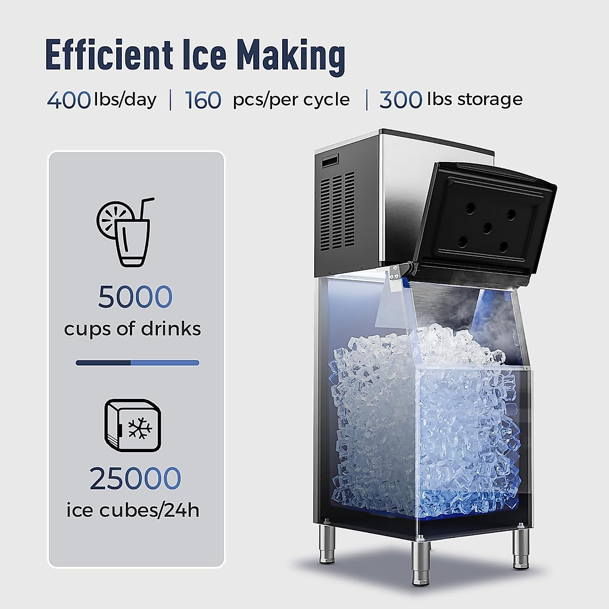 ICEVIVAL Commercial Ice Maker Machine, 400lbs/Daily, 300lbs Storage, SECOP Compressor&ETL, Ice-Ready in 8 to15 mins, Stainless Steel, Commercial Ice Machine for Bar/Cafe/Restaurant/Business