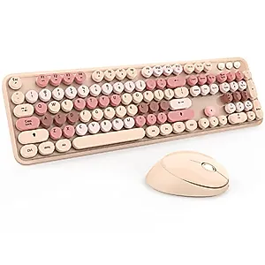 Wireless Keyboard and Mouse, KOOTOP Cute Keyboard and Mouse, 2.4G Wireless Keyboard with Retro Round Keycap for PC, Mac, Laptop,Tablet,Computer Windows (Milk Tea)