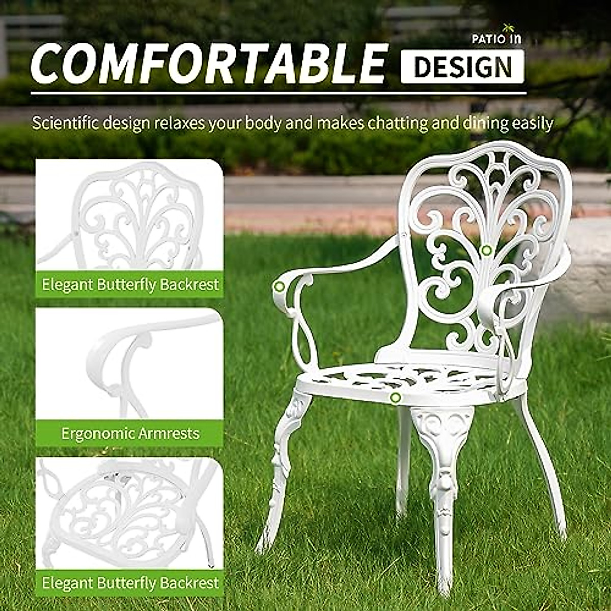 PATIO-IN Bistro Set 3 Piece Outdoor Patio Set, Rust Resistant Bistro Table and Chairs Furniture with Umbrella Hole, Cast Aluminum Bistro Table Set of 2 for Porch,Lawn,Garden,Backyard, White