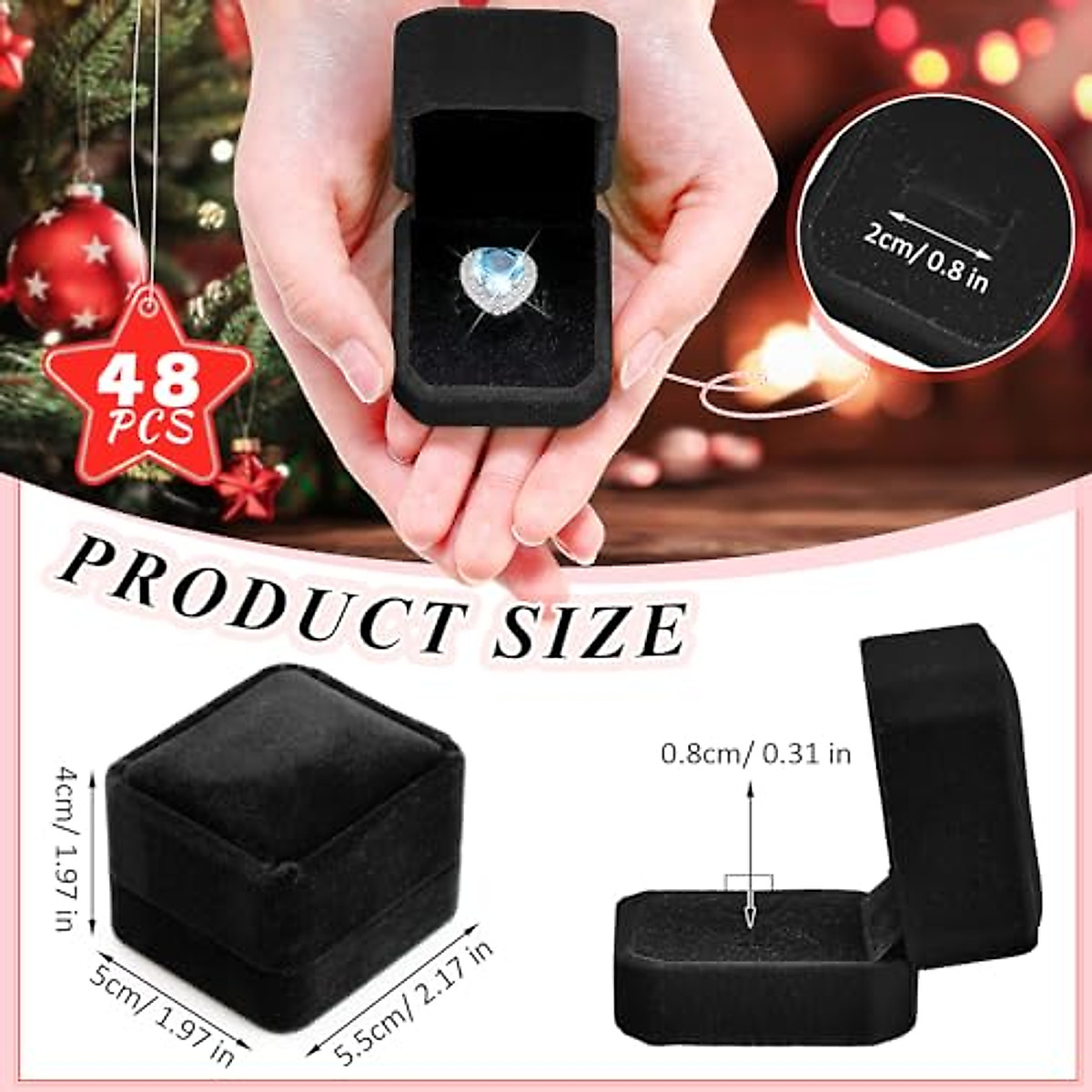 Thinkday 48 Pcs 2.13 x 2.01 x 1.54 Inch Velvet Ring Box Display Jewelry Case Storage Ring Case for Wedding Ceremony Engagement Birthday Gifts Proposal Anniversary (Black)