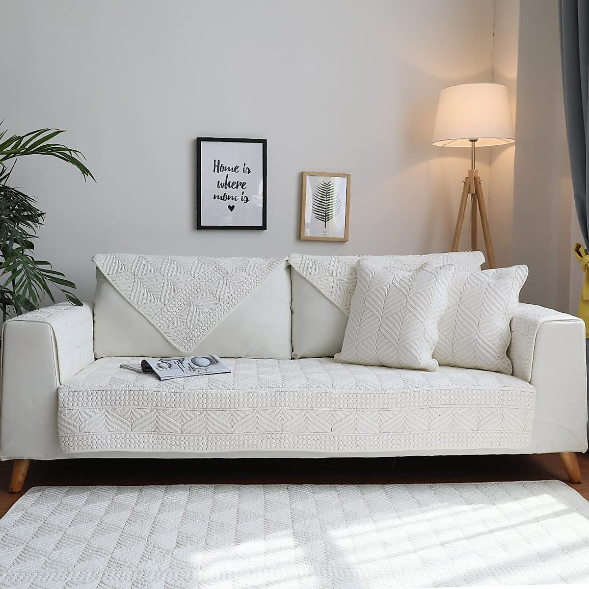 vctops Embroidered Cotton Quilted Sofa Cover Couch Covers Soft Sectional Couch Covers Sofa Slipcover for Dogs Cats Pet Love Seat Recliner Leather L Shaped, Armrest Backrest Cover(Cream SX,28"x28")