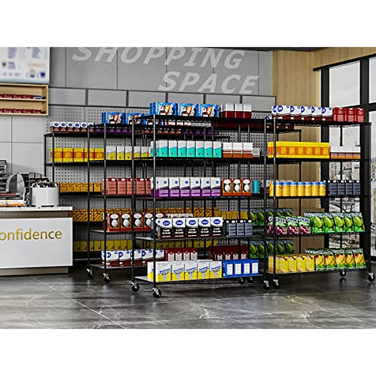 5 Tier NSF Metal Shelf Wire Shelving Unit, 7500lbs Capacity Heavy Duty Adjustable Storage Rack with Wheels & Shelf Liners for Commercial Grade Utility Steel Storage Rack , 82"H x 60"L x 24"D - Black