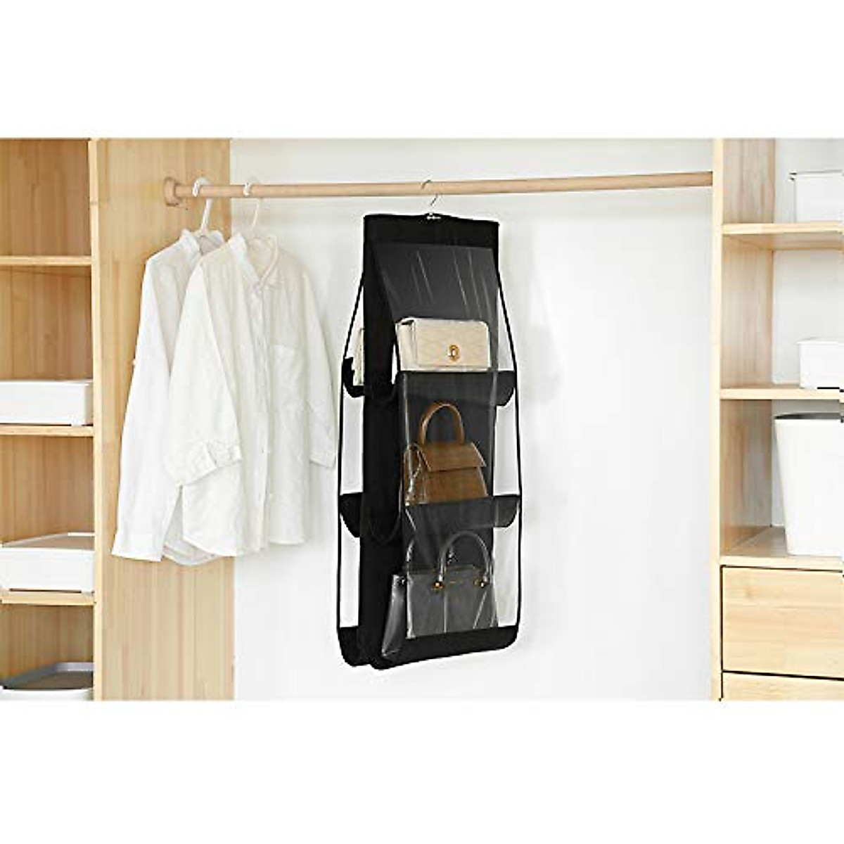 Askfairy 6 Pockets Hanging Handbag Organizer,Hanging Closet Organizer,Foldable Transparen Hanging Handbag Purse Organizer for Family Closet Bedroom
