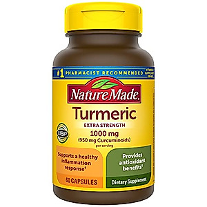 Nature Made Extra Strength Turmeric Curcumin with Black Pepper, 1000mg Turmeric extract (950mg Curcuminoids) per serving, Supports Healthy Inflammation Response, 60 Vegetarian Capsules, 30 Day Supply