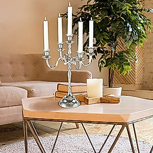 Hamptons Five Candle Candelabra, Silver Finish, Centerpiece, Hand Crafted of Cast Aluminum, Atelier Craft Surface Details, Over 1 FT High, (15.75 Inches)