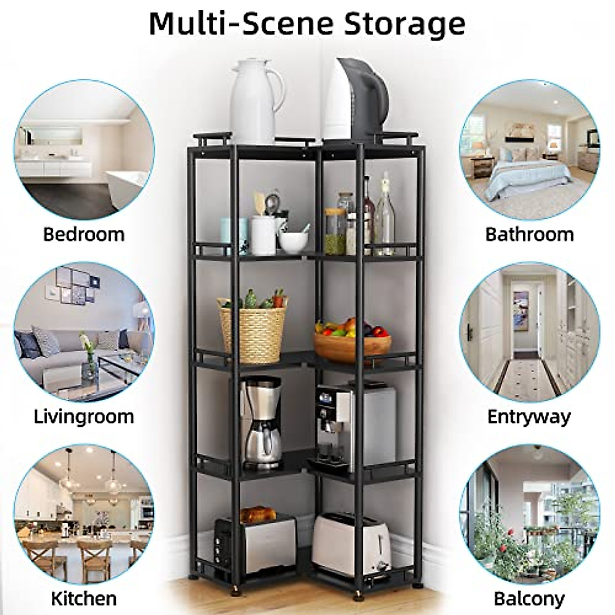 FLE 5 Tier Corner Shelf,Modern Corner Bookshelf Industrial Corner Ladder Shelf Small Bookcase Plant Stand for Living Room, Kitchen, Home Office (Black)