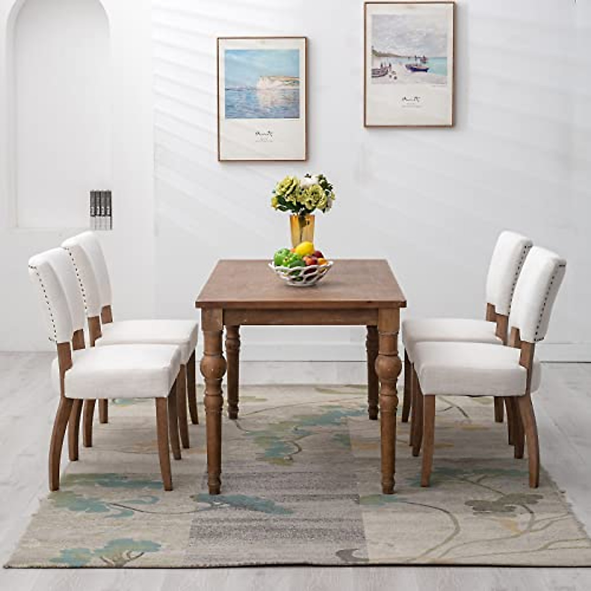 QUINJAY Cream Farmhouse Dining Chairs Set of 2, Linen Upholstered Dining Room Chairs with Wing Back, Vintage French Country Dining Chairs with Wood Frame for Dining Room Kitchen Living Room