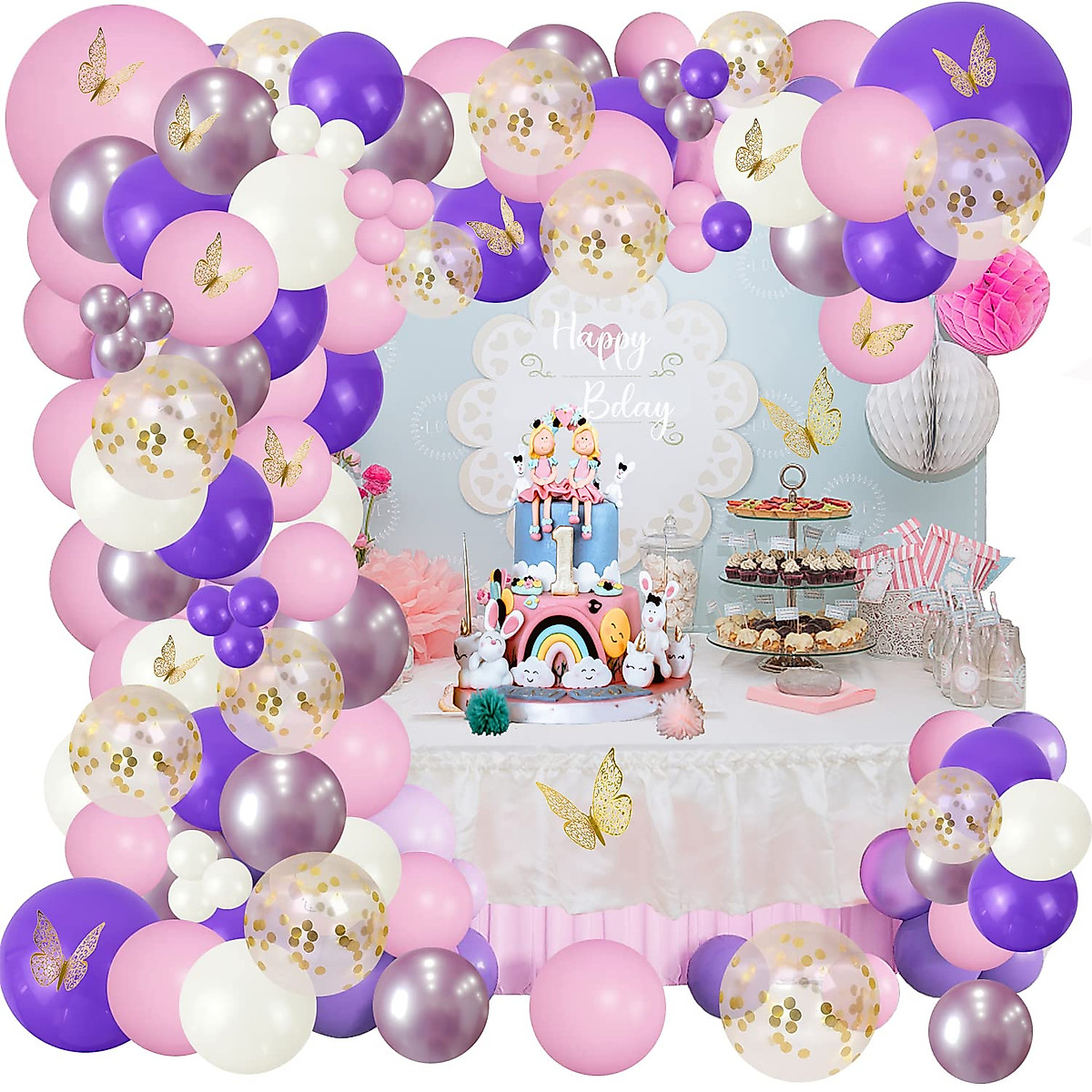 ANGSKALSA Balloon Garland Arch Kit - 167Pcs Baby Shower Decorations for Girl with Butterfly Stickers, Pink Purple White Gold Confetti Balloons for Birthday Party Bridal Shower Wedding Decorations