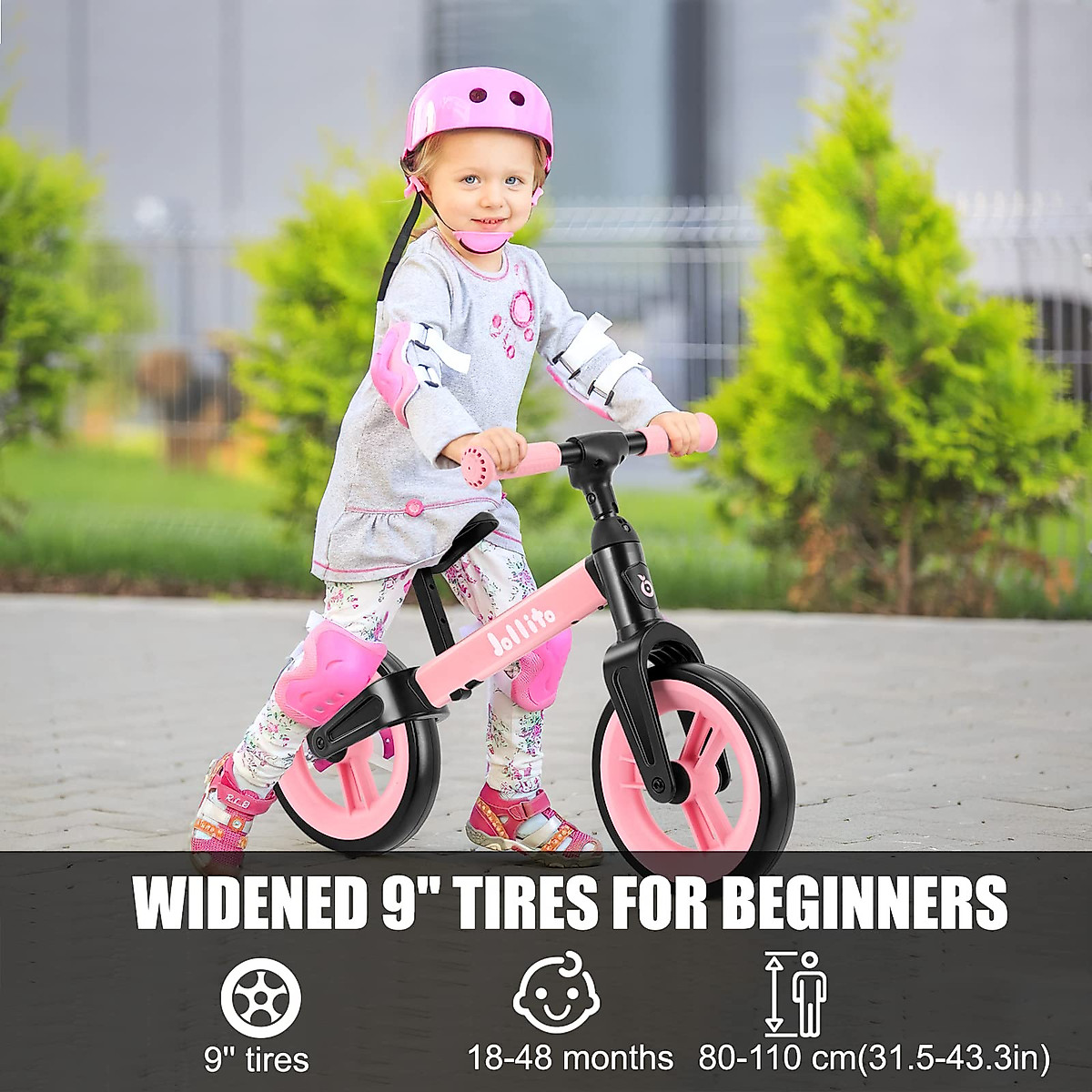 JOLLITO Toddler Balance Bike for 18 Months, 2, 3, 4 Years Old Girl Boy, Adjustable Seat and Handlebar, 9 Inch Wheel, Aluminium Frame, Best Gifτ for Beginners