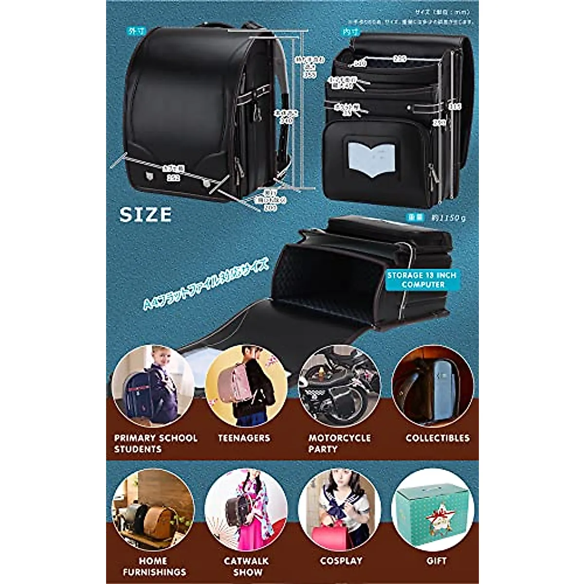 Baobab's wish Ransel Randoseru Backpack Semi-automatic satchel Japanese school bag for girls and boys PU leather bab-rng58 (Black 01)