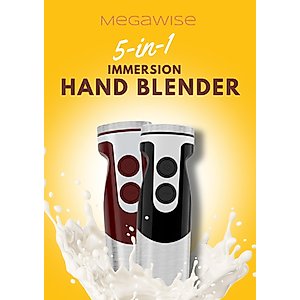MegaWise Pro Titanium Reinforced 5 in1 Immersion Hand Blender, Powerful with 80% Sharper Blades, 12 Speed Corded Blender, Including 500ml Chopper, 600ml Beaker, Whisk and Milk Frother