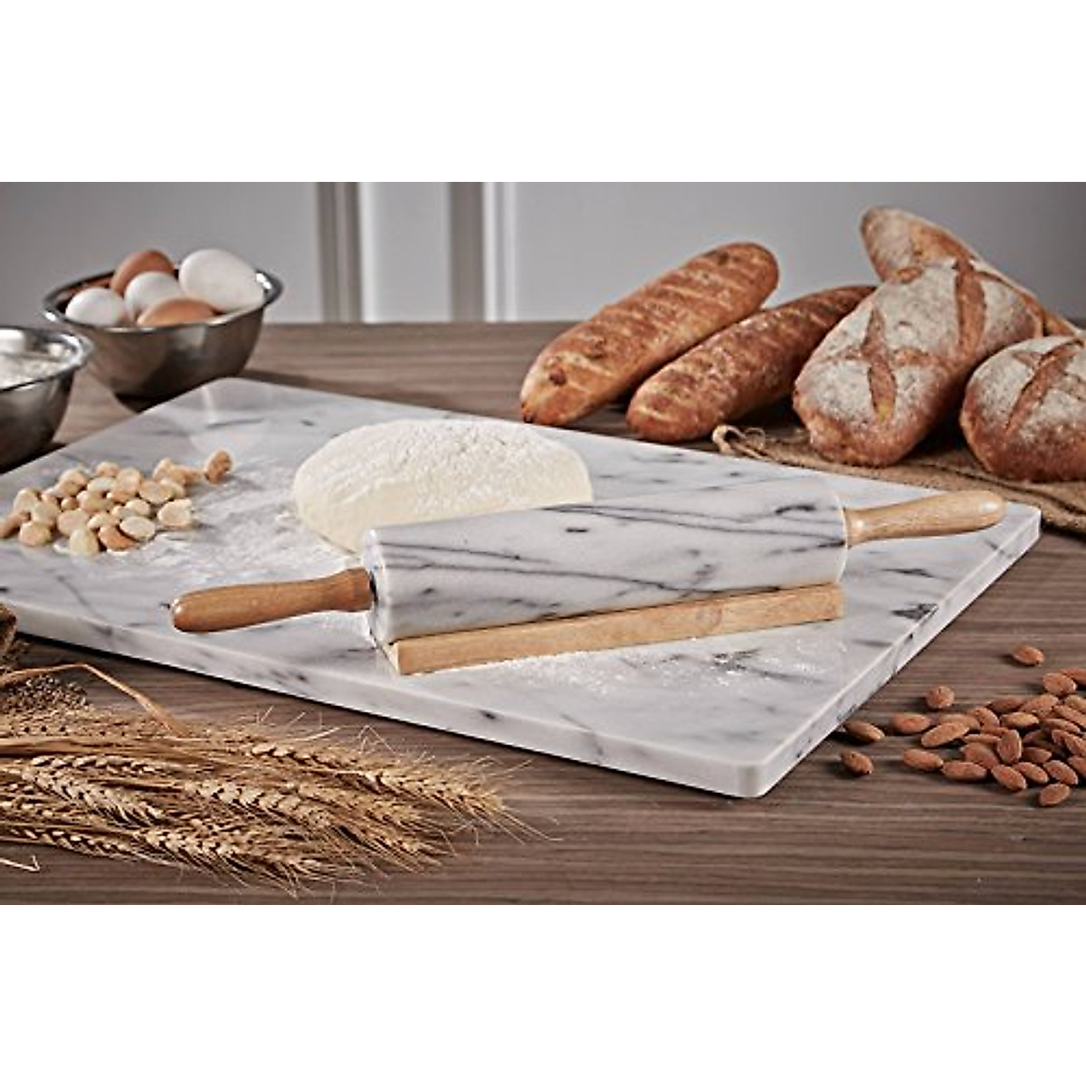 JEmarble Rolling Pin-Wooden Handles(White)(Premium Quality)Polished Surface 18-inch(10"Barrel) Genuine Stone Non-stick Save Effort Easy to Clean