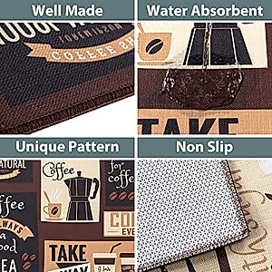 Carvapet 2 Piece Kitchen Rug Set Non-Slip Backing Mat Throw Rug for Kitchen Doormat Runner Rug Set,Cafe Design (17"x48"+17"x24")