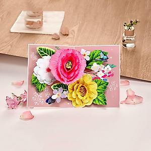LoveEcho Birthday Card, Elegant Peony& Camellia Pop Up Card, 5x7-3D Greeting Care with Note Card & Envelope for Birthday, Anniversary, Thank You, Thanksgiving, Christmas, Get Well, Thinking of You, Congrats, or Any Occasionfor Her, Women, Wife, Mom, Grand