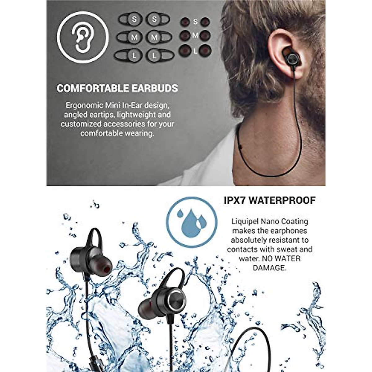 Bluetooth Earbuds Wireless Magnetic Headset Sport Earphones for Running IPX7 Waterproof Headphones 10 Hours Playtime High Fidelity Stereo Sound and Noise Cancelling Mic 1 Hour Recharge Black