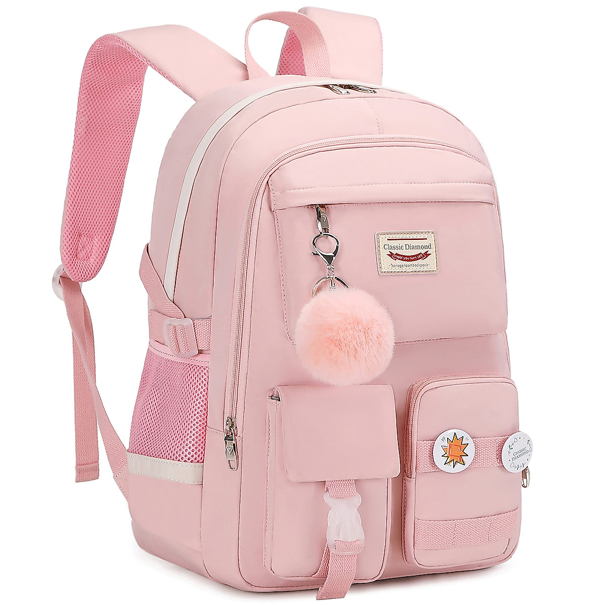 Classic Diamond School Backpack for Girls Laptop Backpack Cute Bookbag Kawaii School Bag Anime College Backpack for Teens Girls Student (Pink)