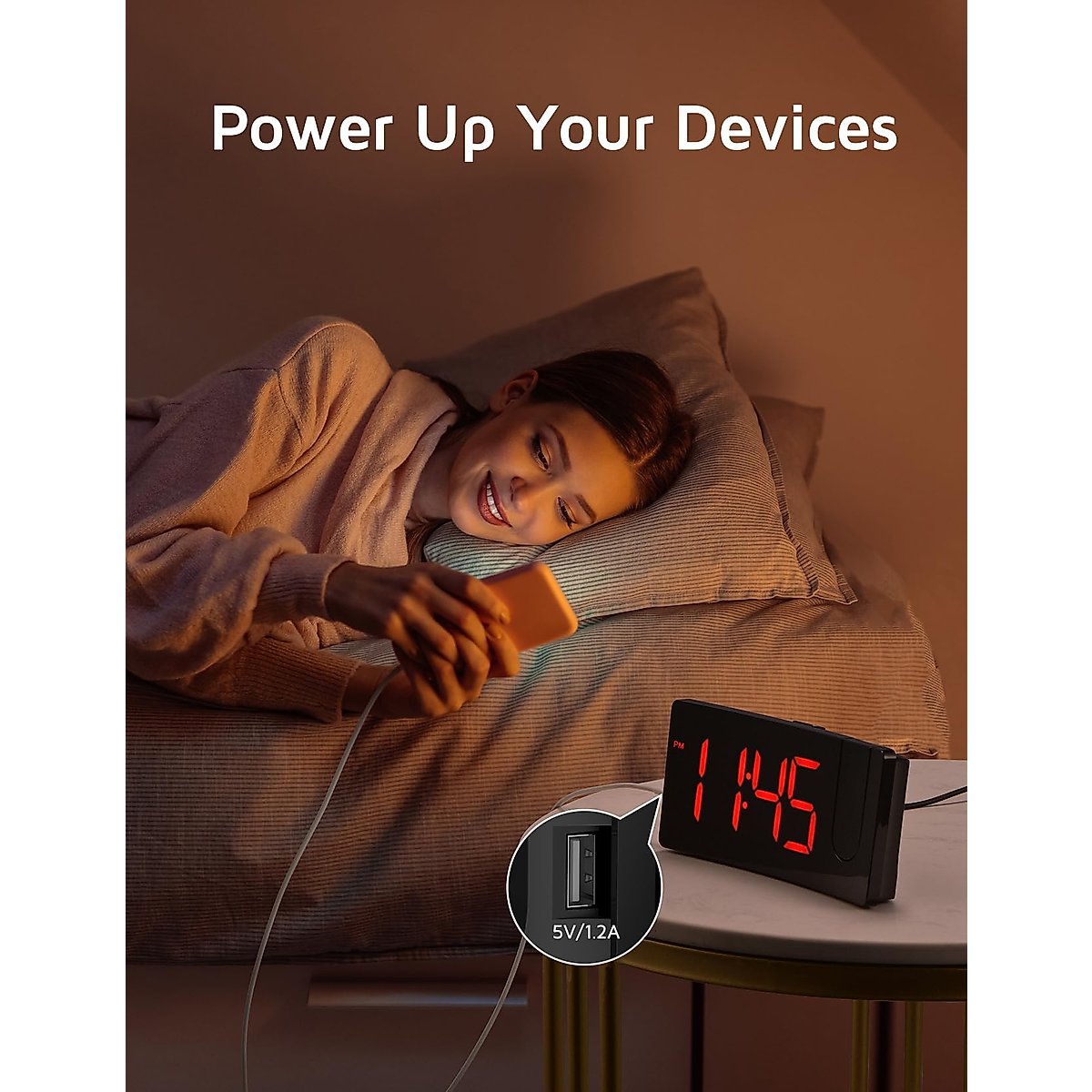 GOLOZA Projection Alarm Clock, Digital Clock with Modern Curved Design 180° Rotatable Projector, 3-Level Brightness Dimmer, Clear Red LED Display, Progressive Volume, 9mins Snooze,12/24H, for Bedroom