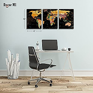 Decor MI World Map Wall Art on Canvas Black Canvas Prints Paintings 3 Pieces Canvas Map of The World Children Education Ready to Hang Map Decor Wall Artwork for Living Room Bedroom Bathroom Home