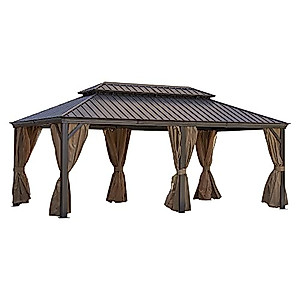 DHPM 12 * 20 FT Hardtop Gazebo with Steel Outdoor Gazebo Canopy Double Vented Roof Pergolas Aluminum Frame with Curtains for Garden,Patio,Lawns,Parties
