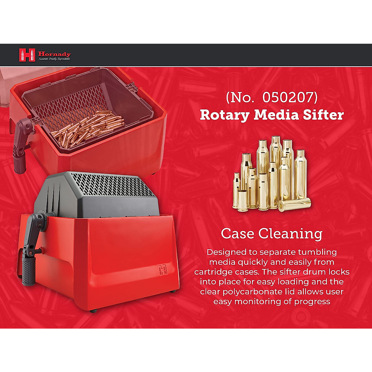 Hornady Rotary Media Sifter 050207 - Easily Separate Corn Corb or Steel Pin Tumbling Media from Cartridge Cases - Media Separator with Rotating Handle, Clear Lid, Sifter Drum Halves, & Locking Pin