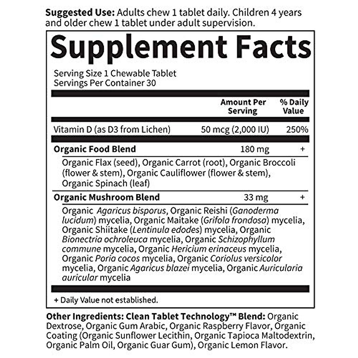 Garden of Life Organic Vitamin D - mykind Organics Vegan D3 Chewable - Raspberry Lemon, 2,000 IU (50mcg) Whole Food Vitamin D3 from Lichen Plus Food & Mushroom Blend, Gluten Free, 30 Chewable Tablets