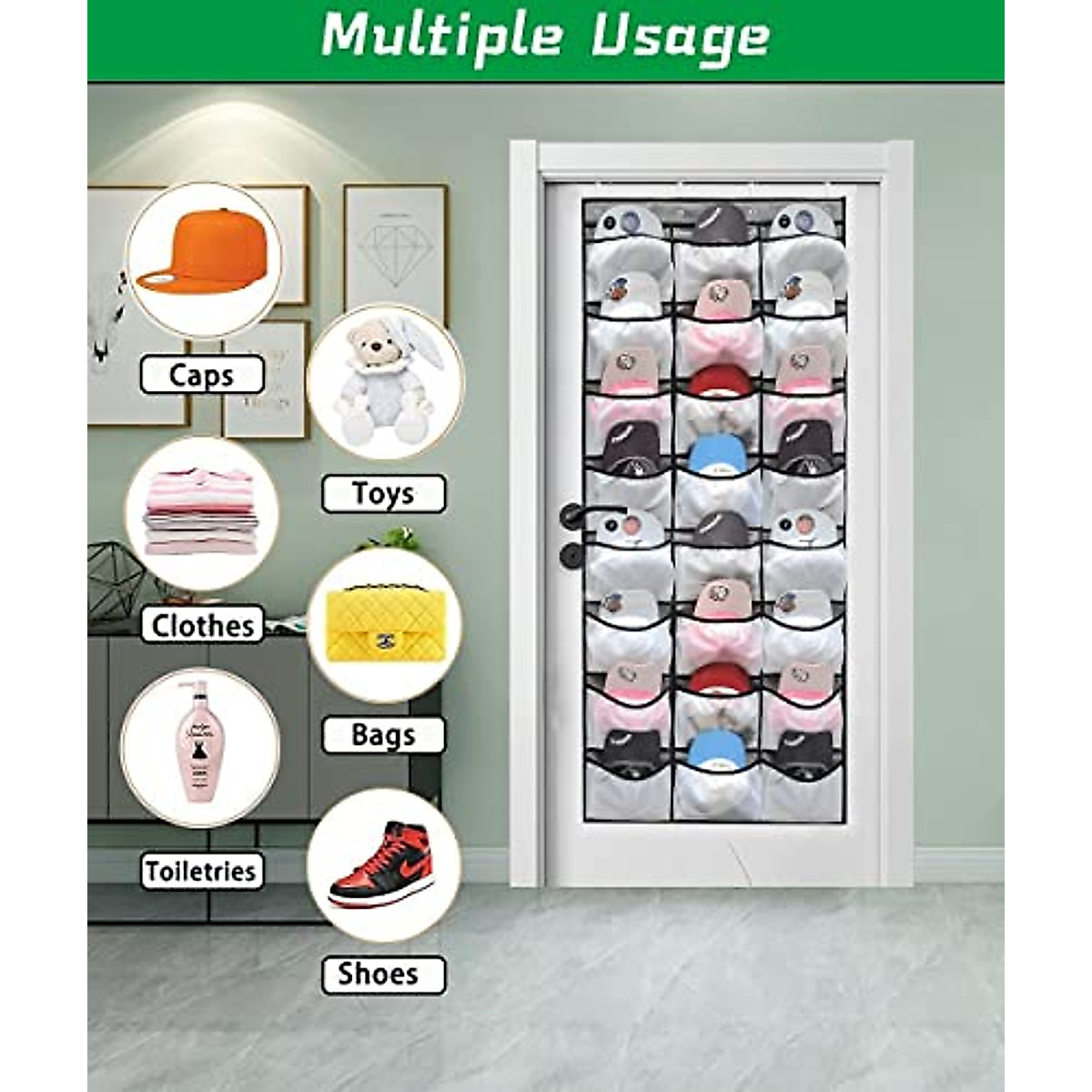 Hat Racks for Baseball Caps, Baseball Hat Organizer, 24 Deep Pocket Hat Storage & Ballcap Display Holder, Hat Holder with 4 Door Hooks