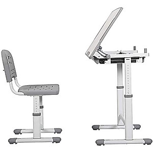 Diroan Kids Multifunctional Desk and Chair Set, Height Adjustable Children School Study Desk with Large Tilt Desktop, Metal Hook and Storage Drawer for Boys Girls, Grey