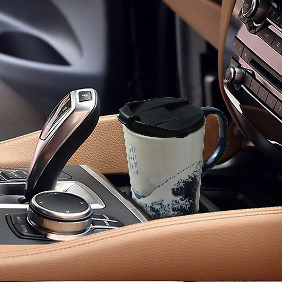 Topadorn Ceramic Coffee Mug Travel Cup Gift with Lid 17oz., Porcelain Tall Tea Cup with Handle for Home & Office, Wave Art Pattern Mug with Gift Box, 6.5''H