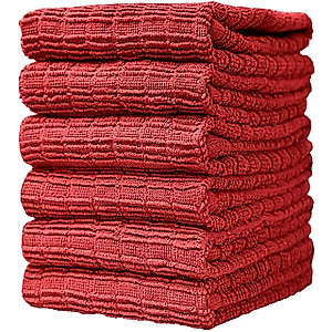 Bumble Premium Kitchen Towels (16”x 28”) Red Ribbed Check Design | Soft, Highly Absorbent with Hanging Loop | Natural Ring Spun Cotton | Large Kitchen Hand Towels | Tea Towels Set | 380 GSM - 6 Pack