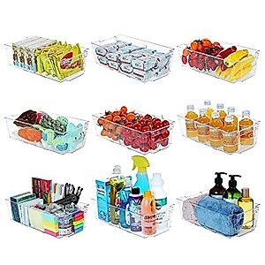 HERKKA Plastic Storage Organizer Container Bin with Dividers for Bathroom, Pantry, Kitchen Cabinet, Fridge, Office and Home Organization - 9 pack - 12.5 inch - Clear