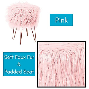 BIRDROCK HOME Pink Faux Fur Vanity Stool Chair - Soft Furry Compact Padded Seat - Vanity, Living Room, Bedroom and Kids Room Chairs - Hair Pin Metal Legs Upholstered Decorative Furniture Foot Rest