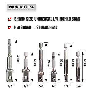 Impact Driver Bit Socket Adapter Set 6PCS Drill Bit Extension Set-1/4” 3/8” 1/2” Hex Shank Impact Socket Adapter Holder 50-73MM Drill Bit Attachments, Drill Tool Accessories-Gray