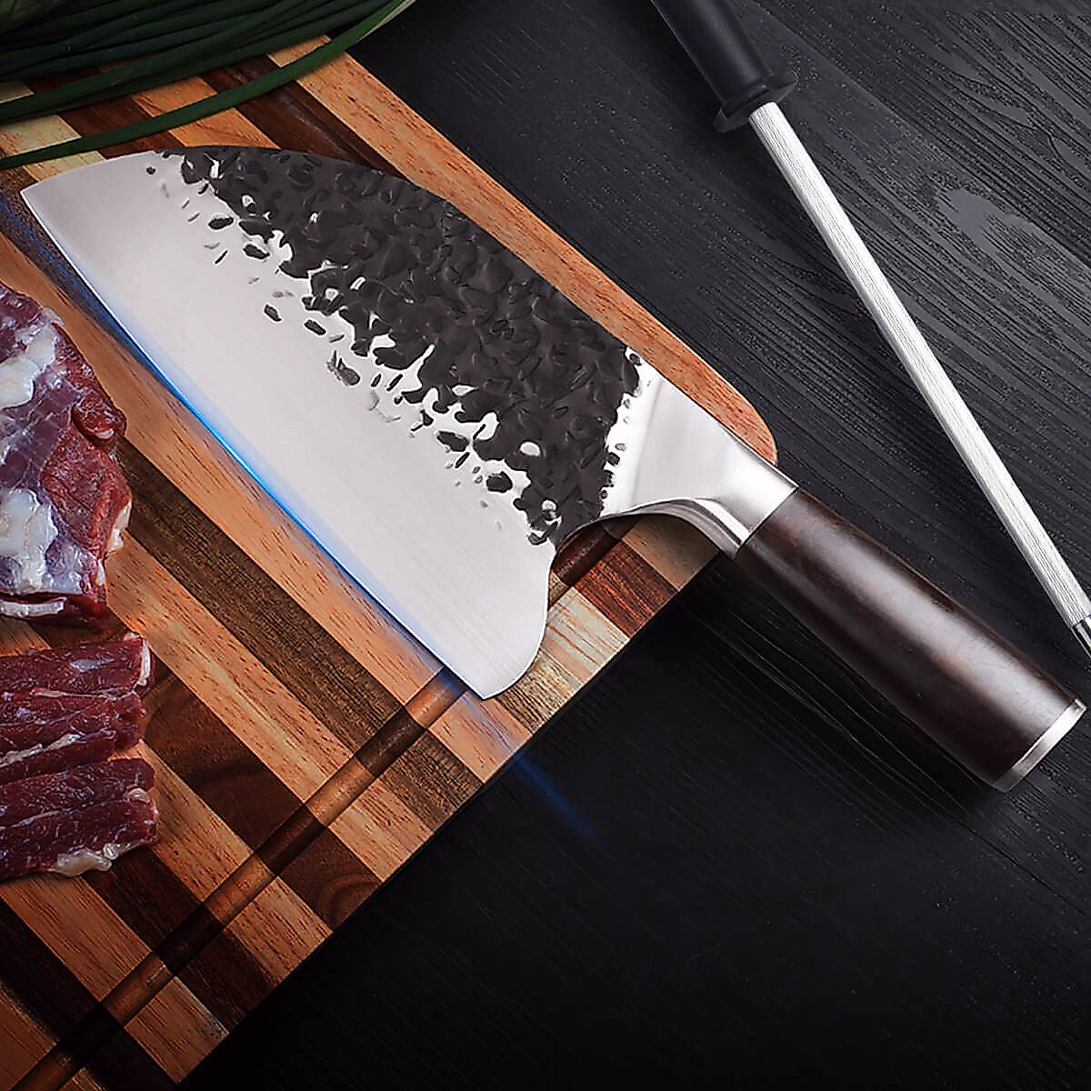 LONSDOW Serbian Butcher Knife Full Tang Forged Handmade Professional Kitchen Chef Knife Cleaver with Knife Sheath Sharpener