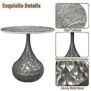 Way2Furn Metal Pedestal End Table, φ19.6 Round Marble Pattern Grey Accent Table with Metal Frame, Coffee Table for Living Room, Bedroom, Balcony, Outdoor, Lounge