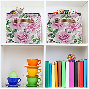 SUABO Floral Pink Roses Buds on White Toy Basket,Collapsible Storage Bin Basket with Handles¡ê?Laundry Baskets,Shelf Basket Nursery Storage for Bedroom Playroom,Set 2