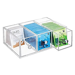 mDesign Plastic Kitchen Pantry Stackable Storage Organizer Container Station with 3 Drawers for Cabinet, Countertop, Holds Coffee, Tea, Sugar Packets, Creamers - Lumiere Collection - 4 Pack - Clear